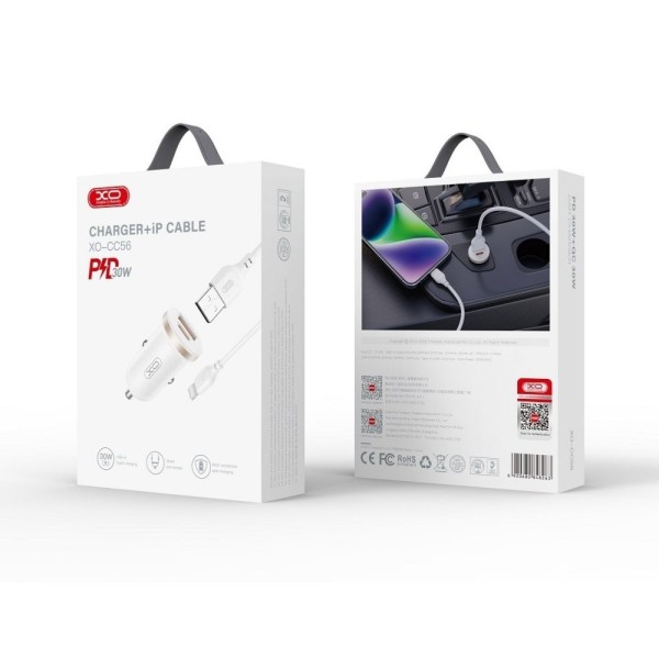XO CC56 PD 30W QC - зарядно за кола с 1X USB, 1X USB-C изход + Lightning кабел